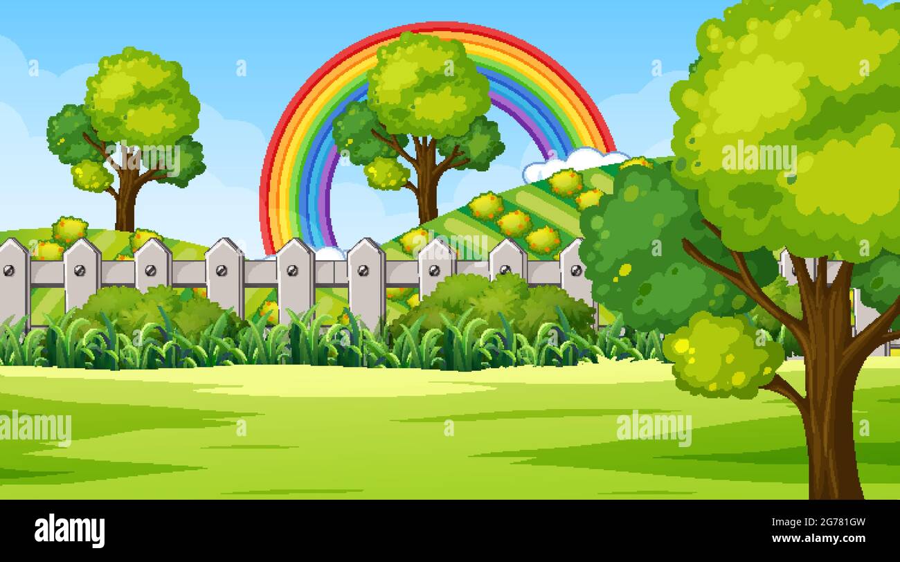 Nature park scene background with rainbow in the sky illustration Stock ...