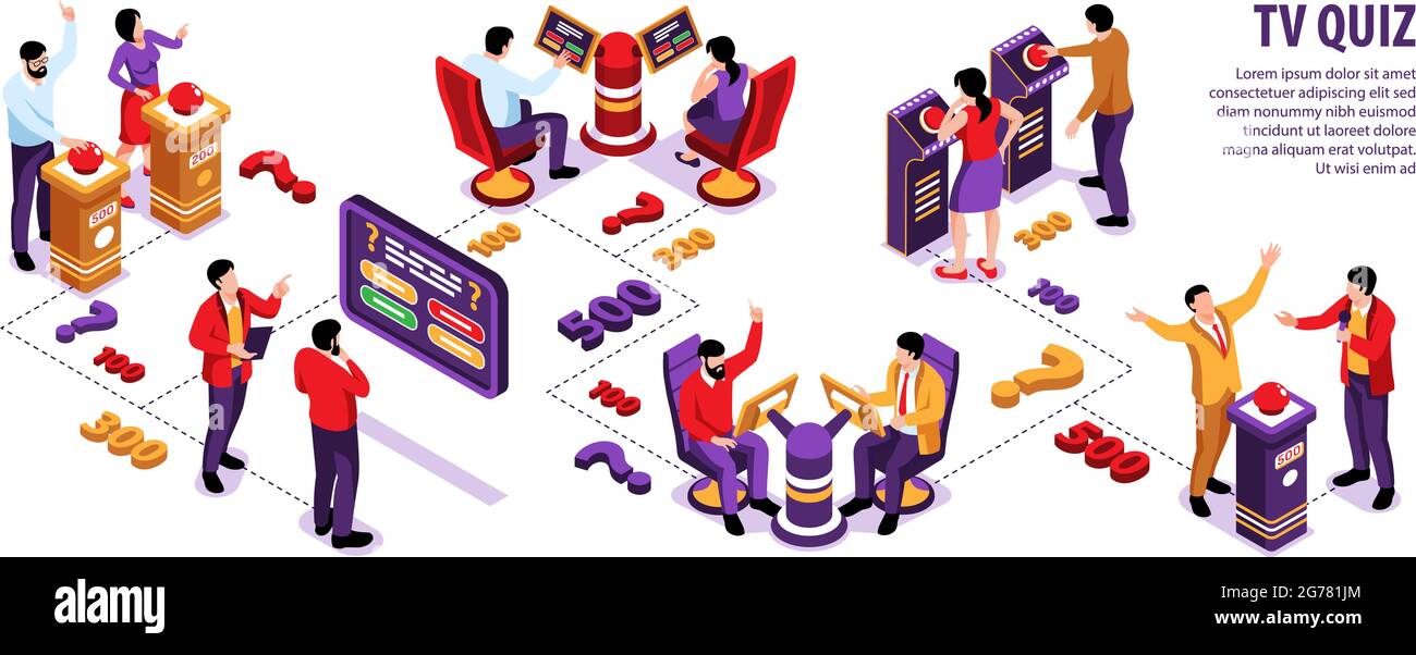Isometric tv quiz infographics with characters of players scene ...