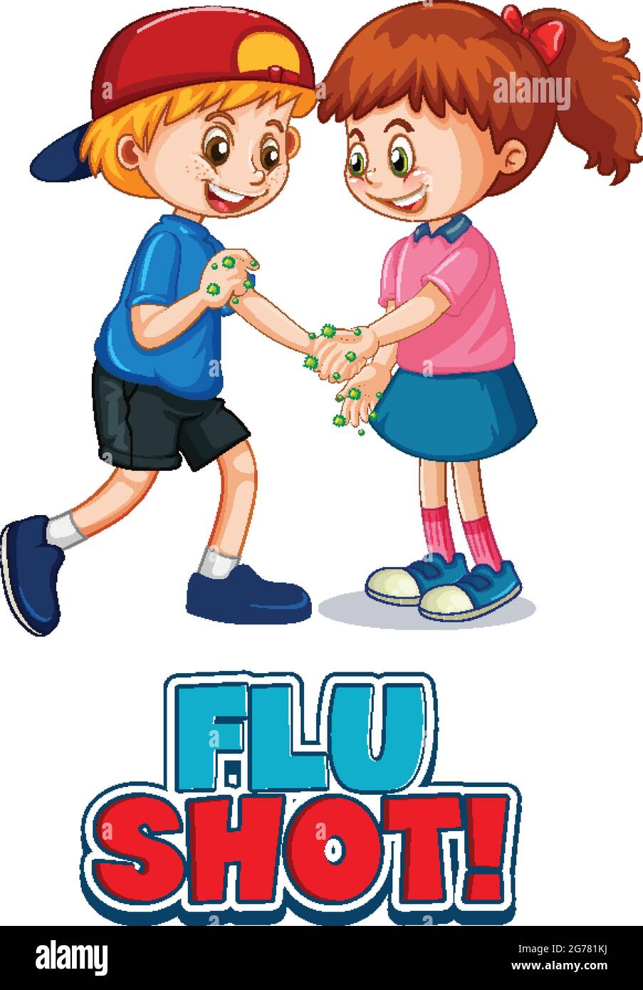 Flu Shot font in cartoon style with two kids do not keep social ...