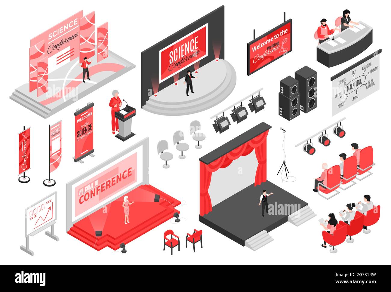 Isometric conference hall set with isolated images of stage elements ...