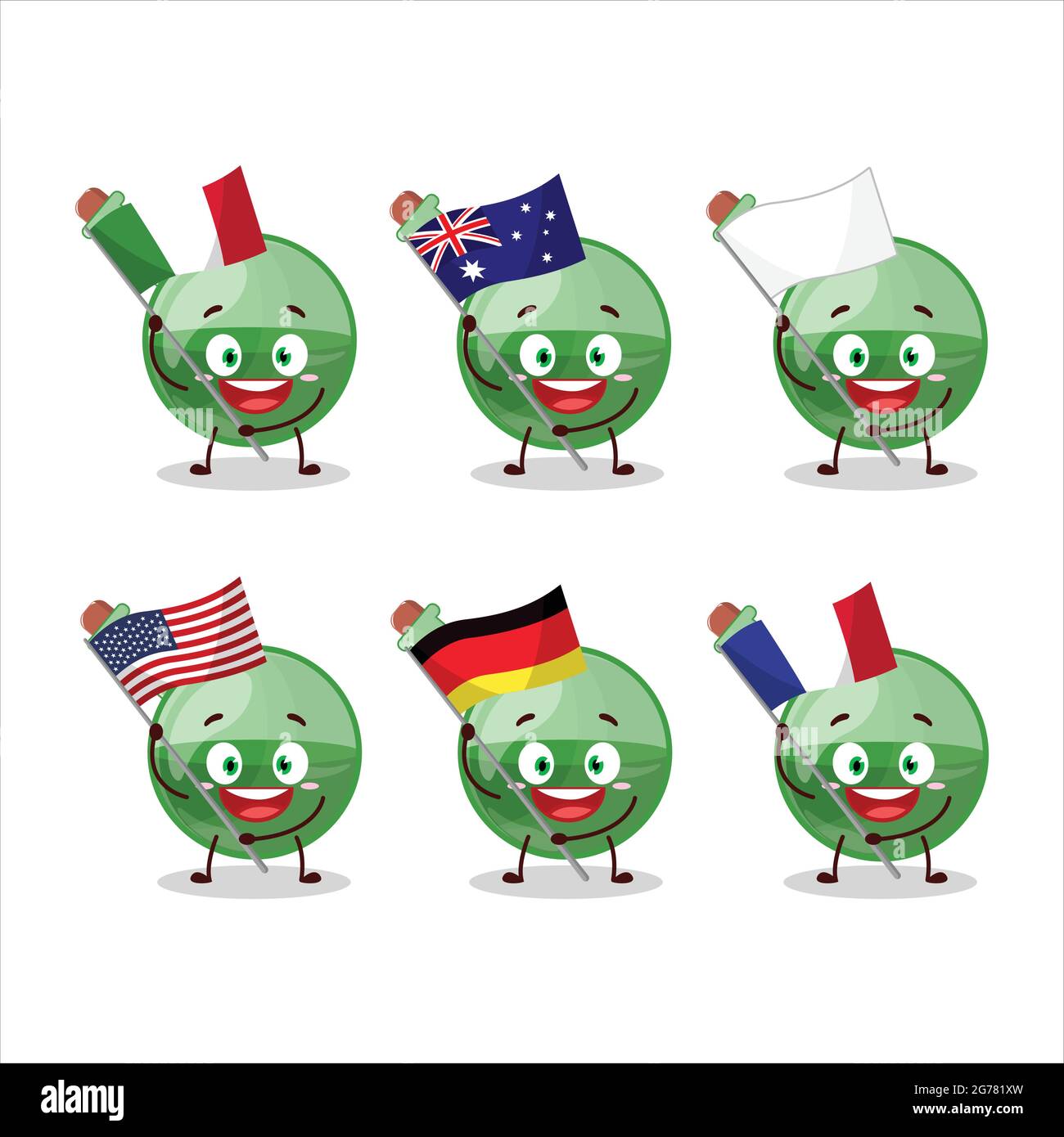 Green magic potion cartoon character bring the flags of various ...