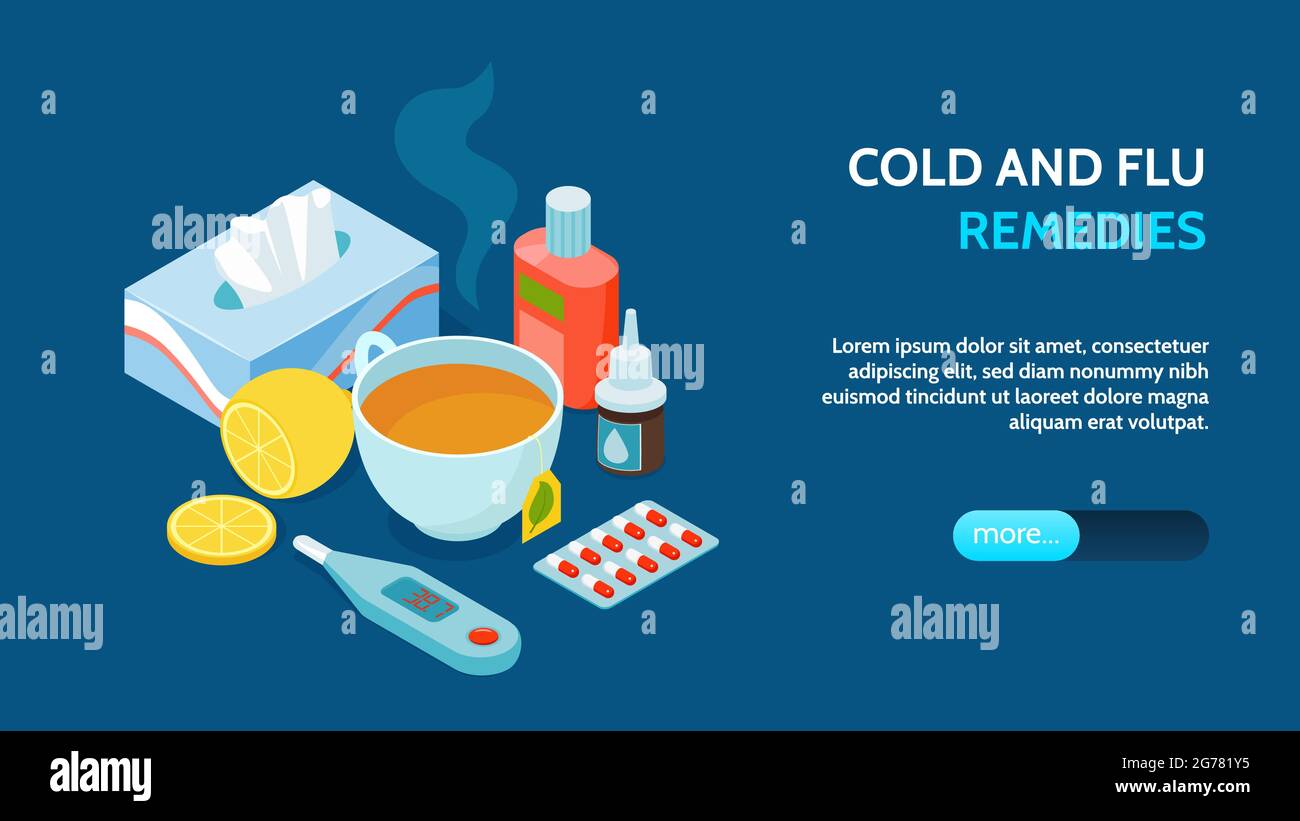Isometric cold flu virus horizontal banner with remedies description ...