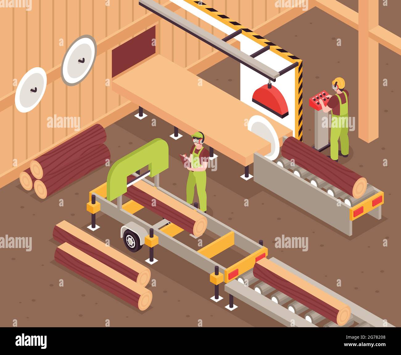 Wooden furniture production process with logs on conveyor and factory ...