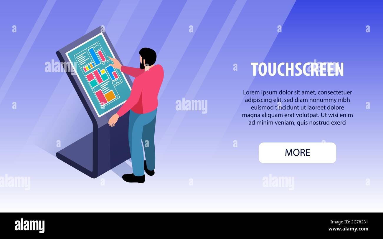 Isometric interactive users touchscreen horizontal banner with editable text clickable more ...
