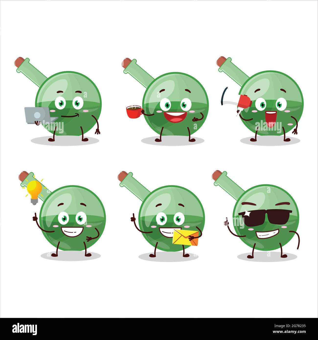 Green magic potion cartoon character with various types of business ...