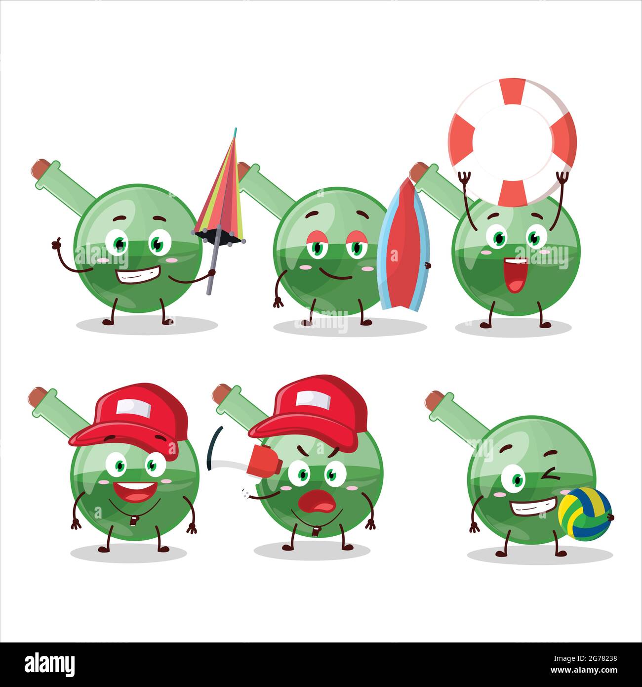 Happy Face green magic potion cartoon character playing on a beach ...
