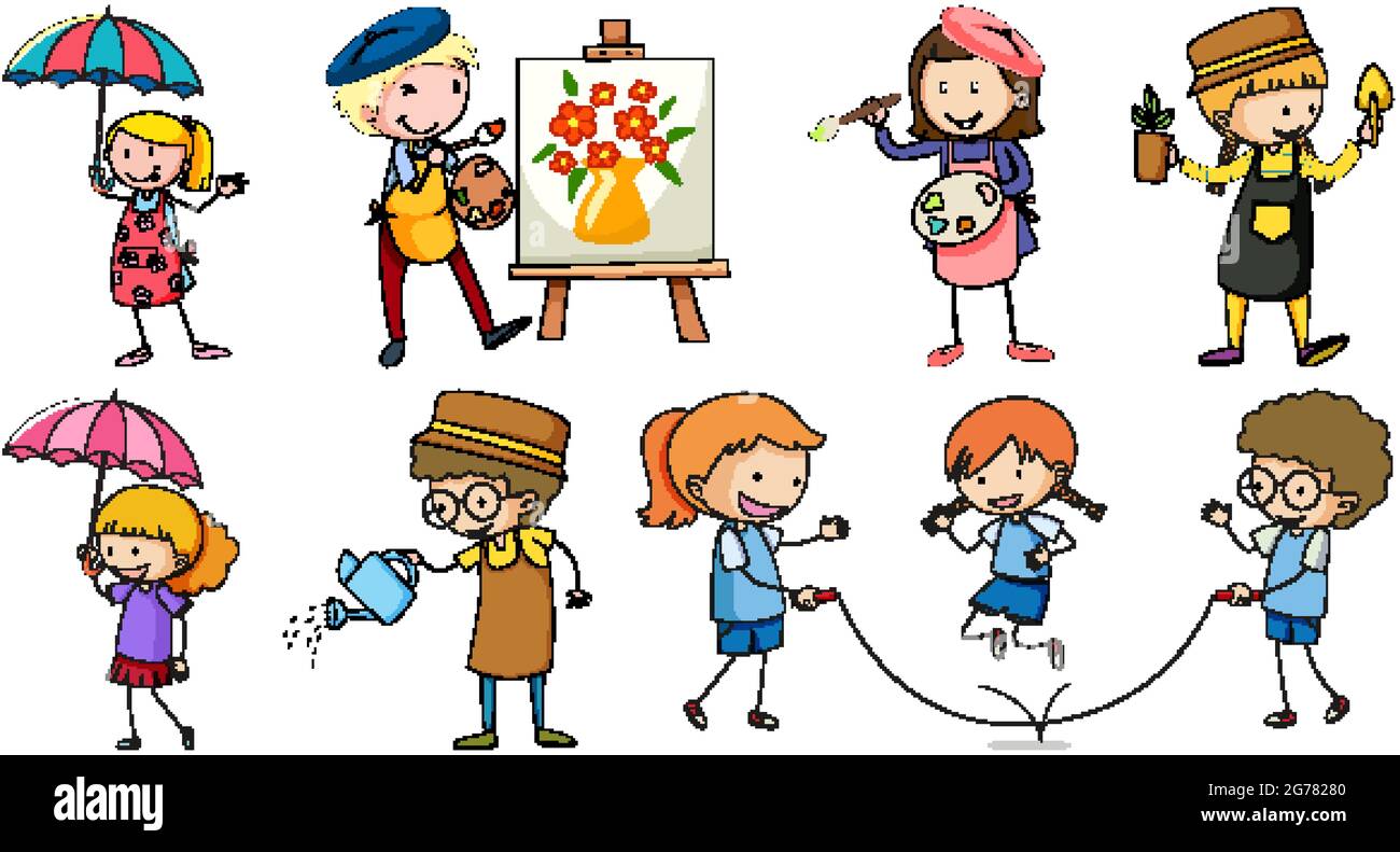 Set of different doodle kids cartoon character illustration Stock ...