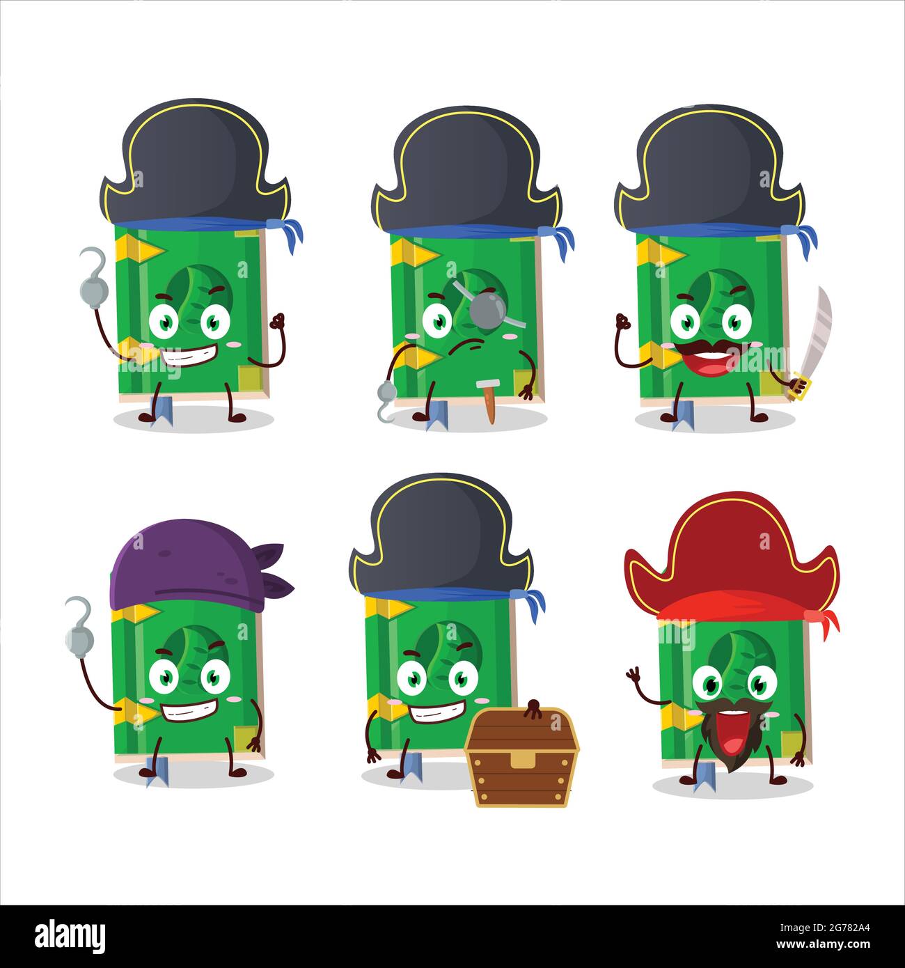 Cartoon character of earth book of magic with various pirates emoticons ...