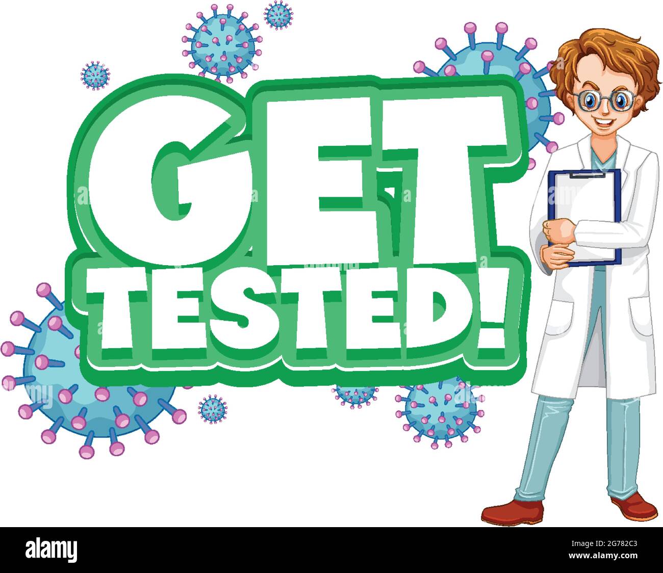 Get Tested font in cartoon style with a doctor man cartoon character ...