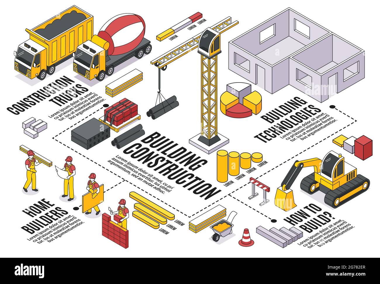 Isometric builders horizontal composition with flowchart lines infographic elements and images ...
