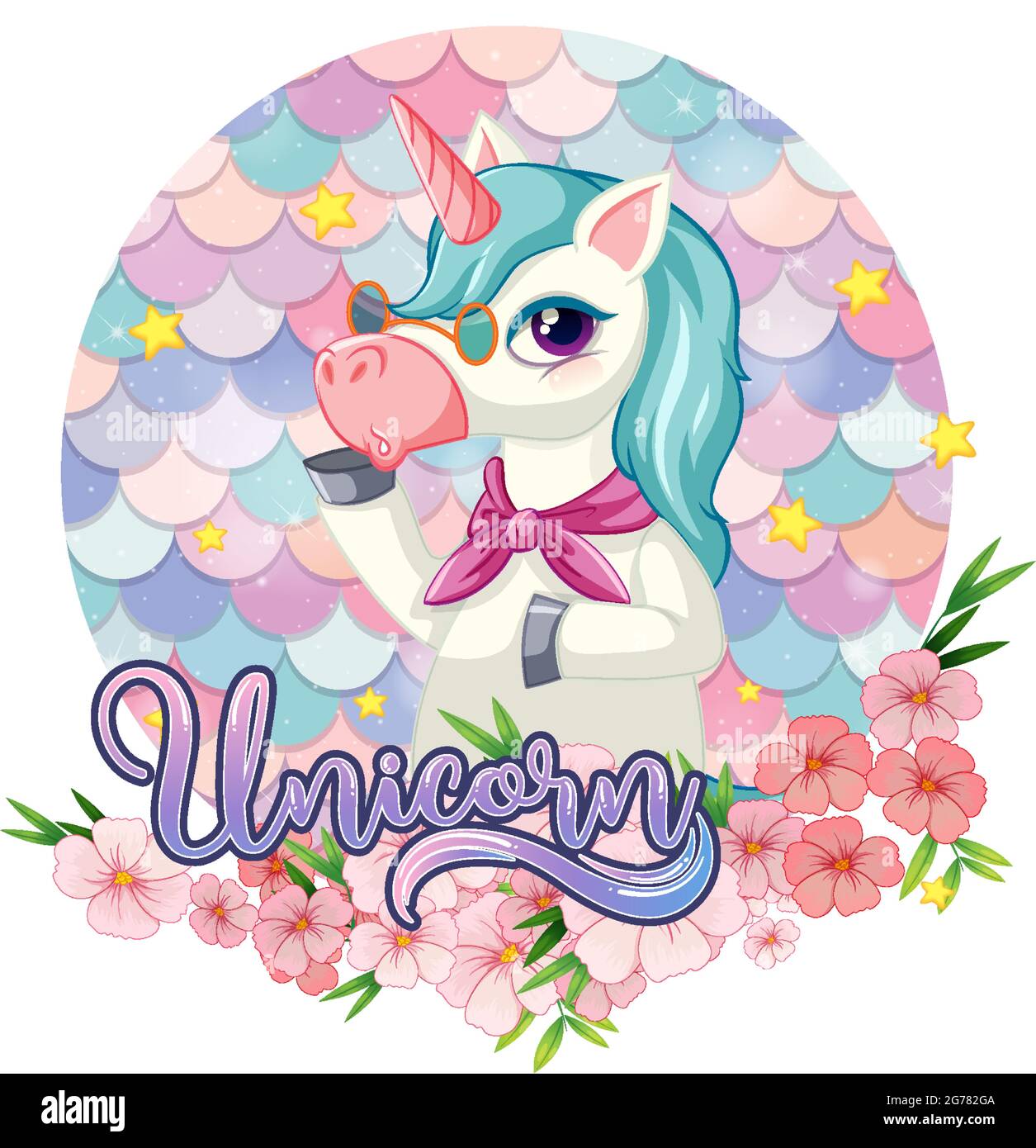 Cute unicorn cartoon character on pastel scales background isolated ...