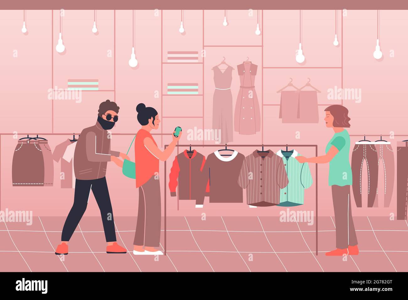 Theft bag flat composition with indoor view of clothing shop woman ...