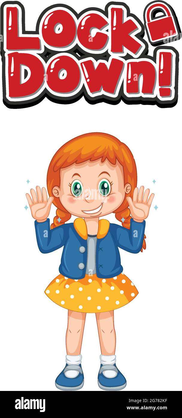 Lock down font design with a girl cartoon character isolated on white ...
