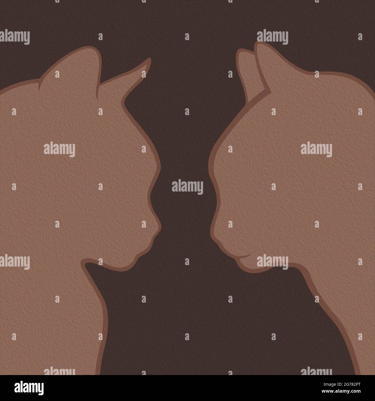 Abstract outline of two cat muzzles, brown stencil on the muted ...