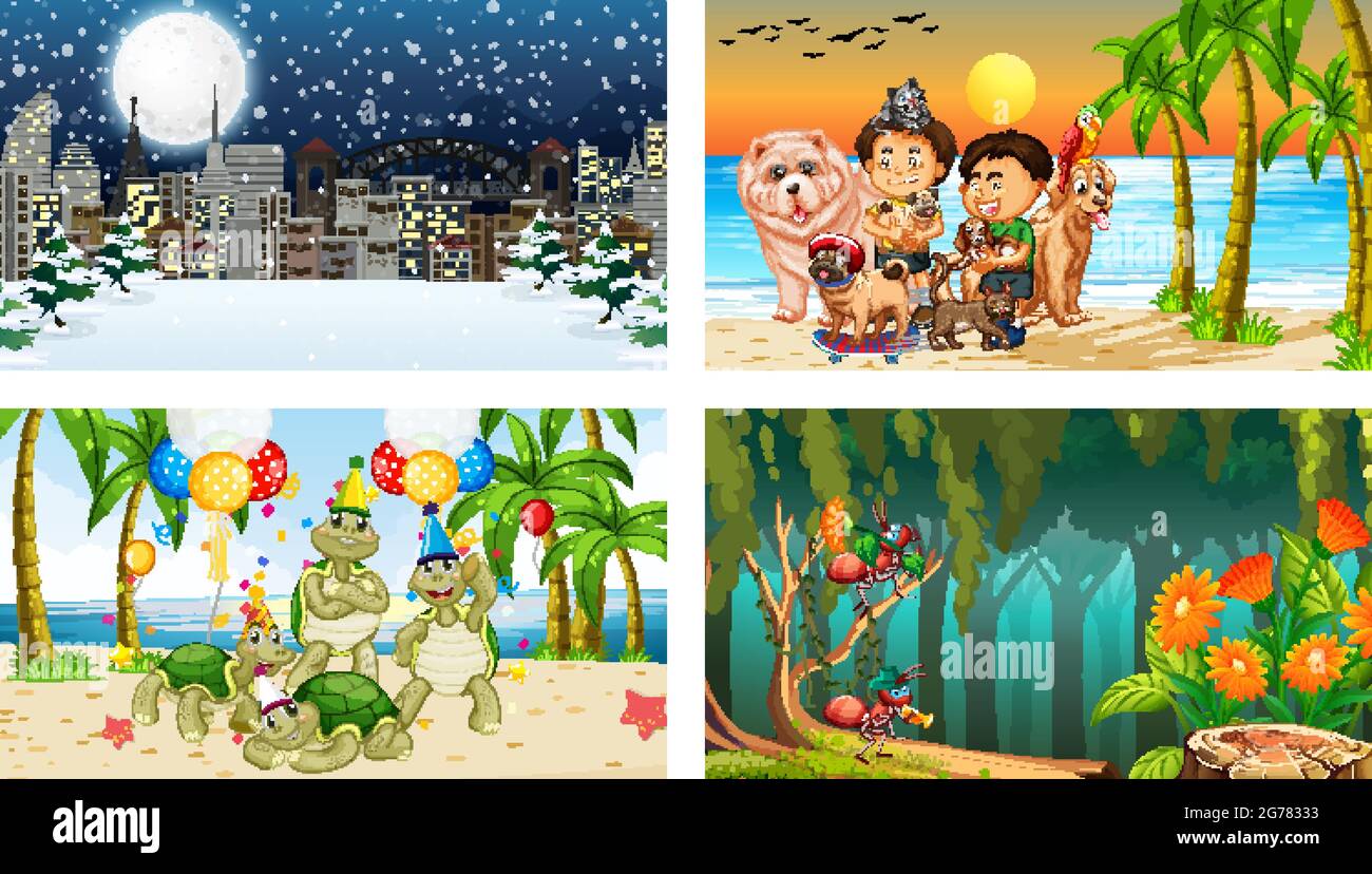 Four different scenes with children cartoon character illustration ...