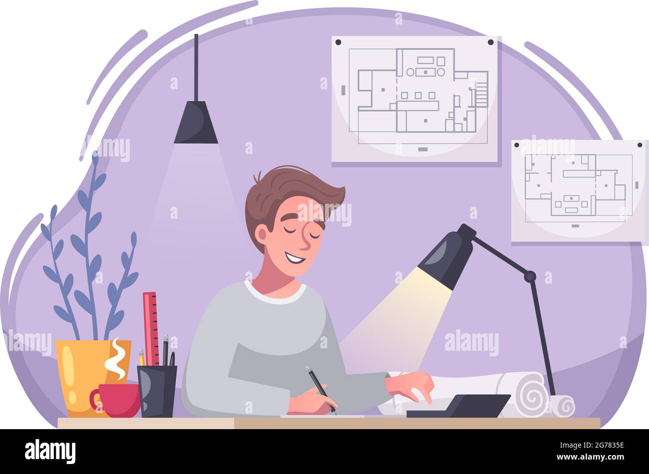 Architect cartoon character works at desk creating new construction ...
