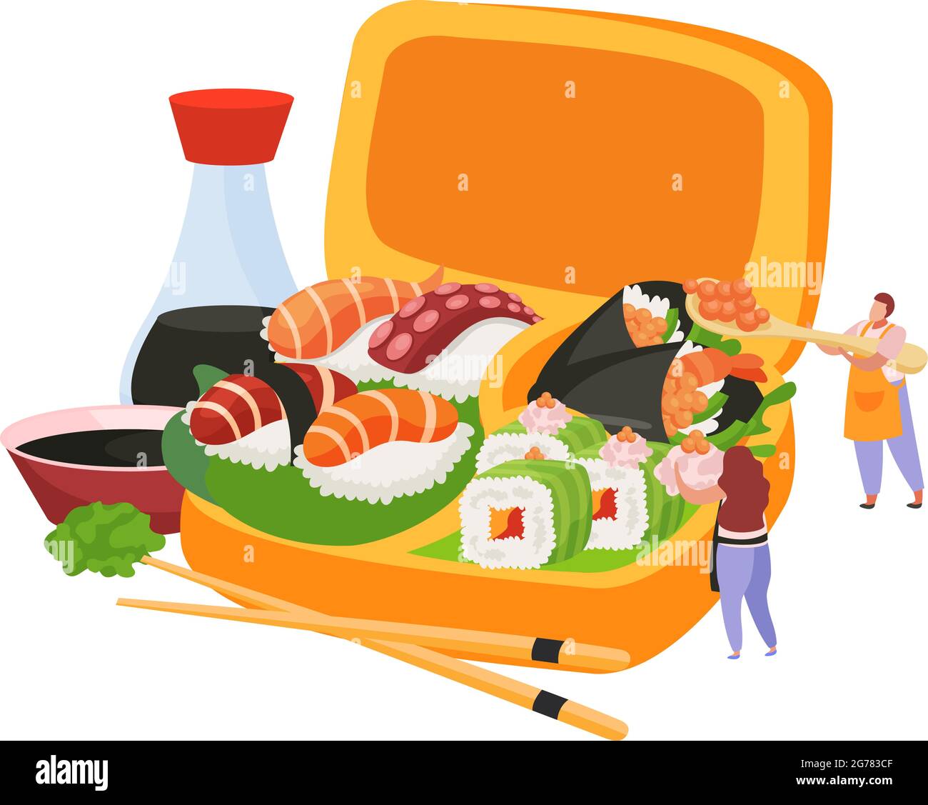 Sushi flat composition with sushi set in box soy sauce and wasabi ...
