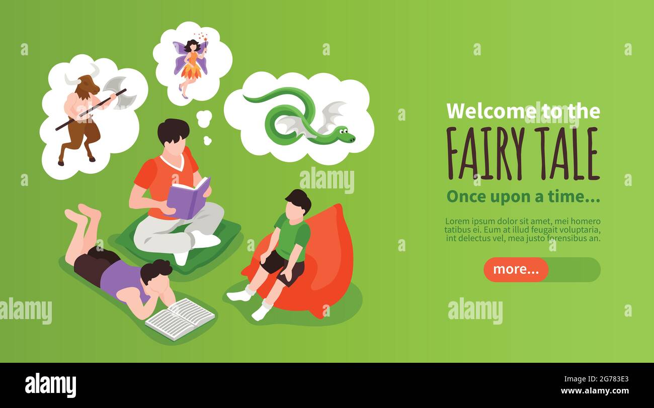 Isometric fairy tale story horizontal banner with characters of kids ...