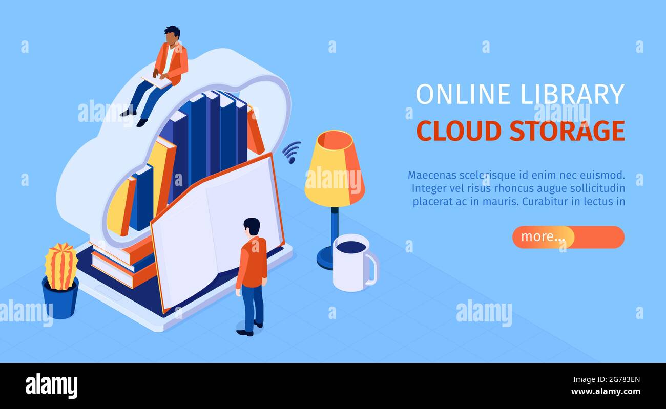 Online library landing page isometric horizontal web banner with user ...