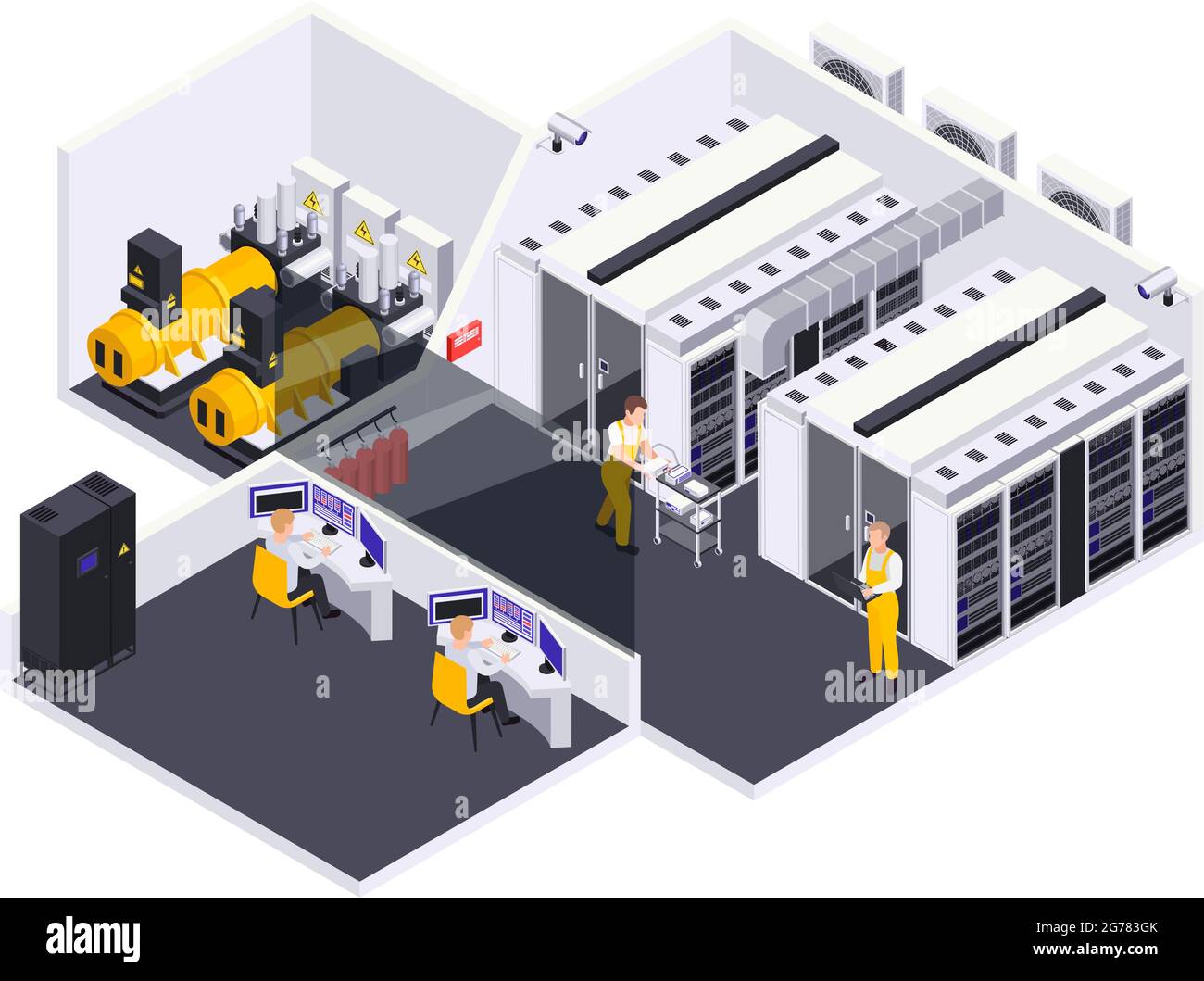 Data center facility interior isometric view with computer network ...