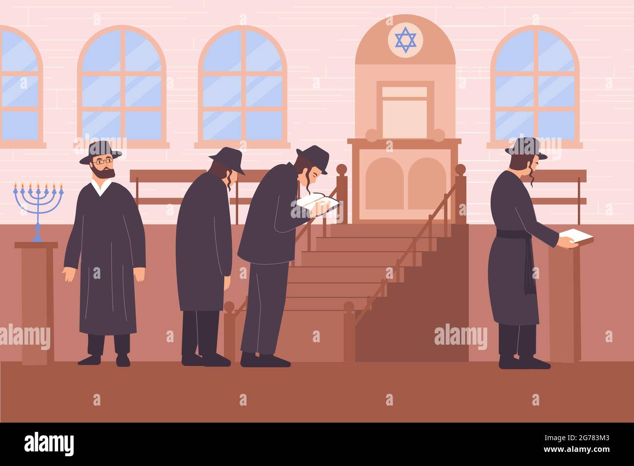 Judaism religion flat composition with view of synagogue with star of ...