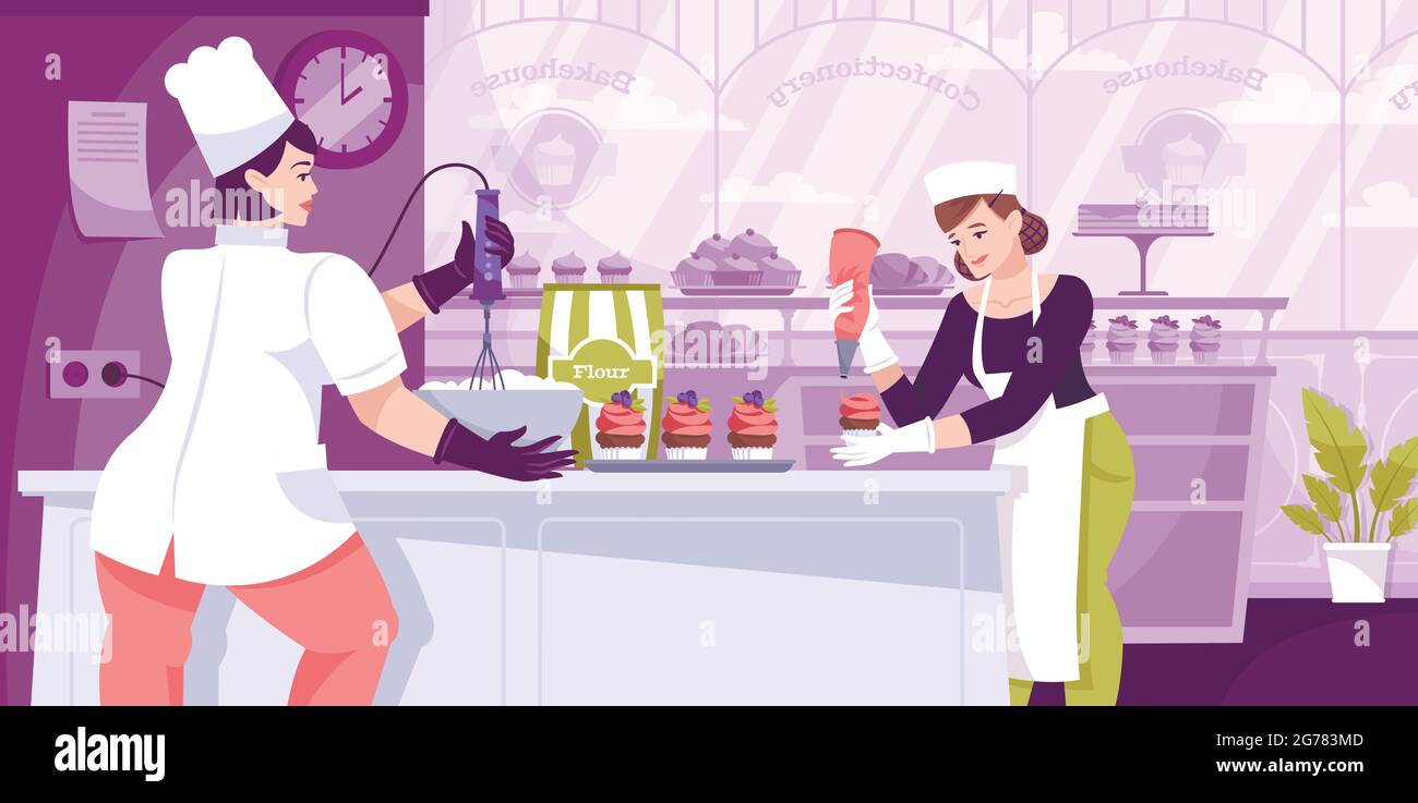 Pastry bakery composition with bakers restaurant kitchen scenery and ...