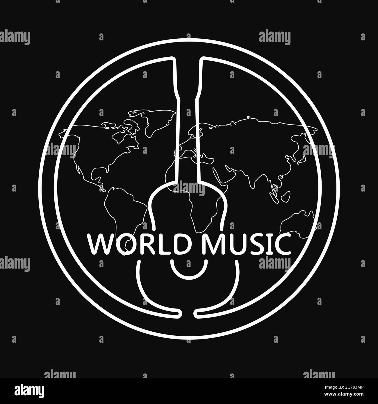 Guitar, world map, circle white outline, inscription World music on a ...