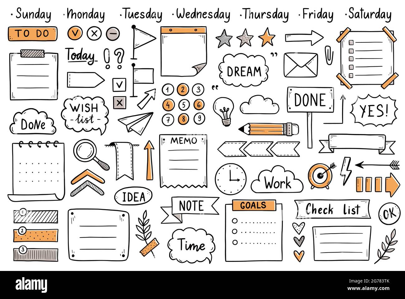 Bullet journal hand drawn element set, sticker, planner label. Doodle ...