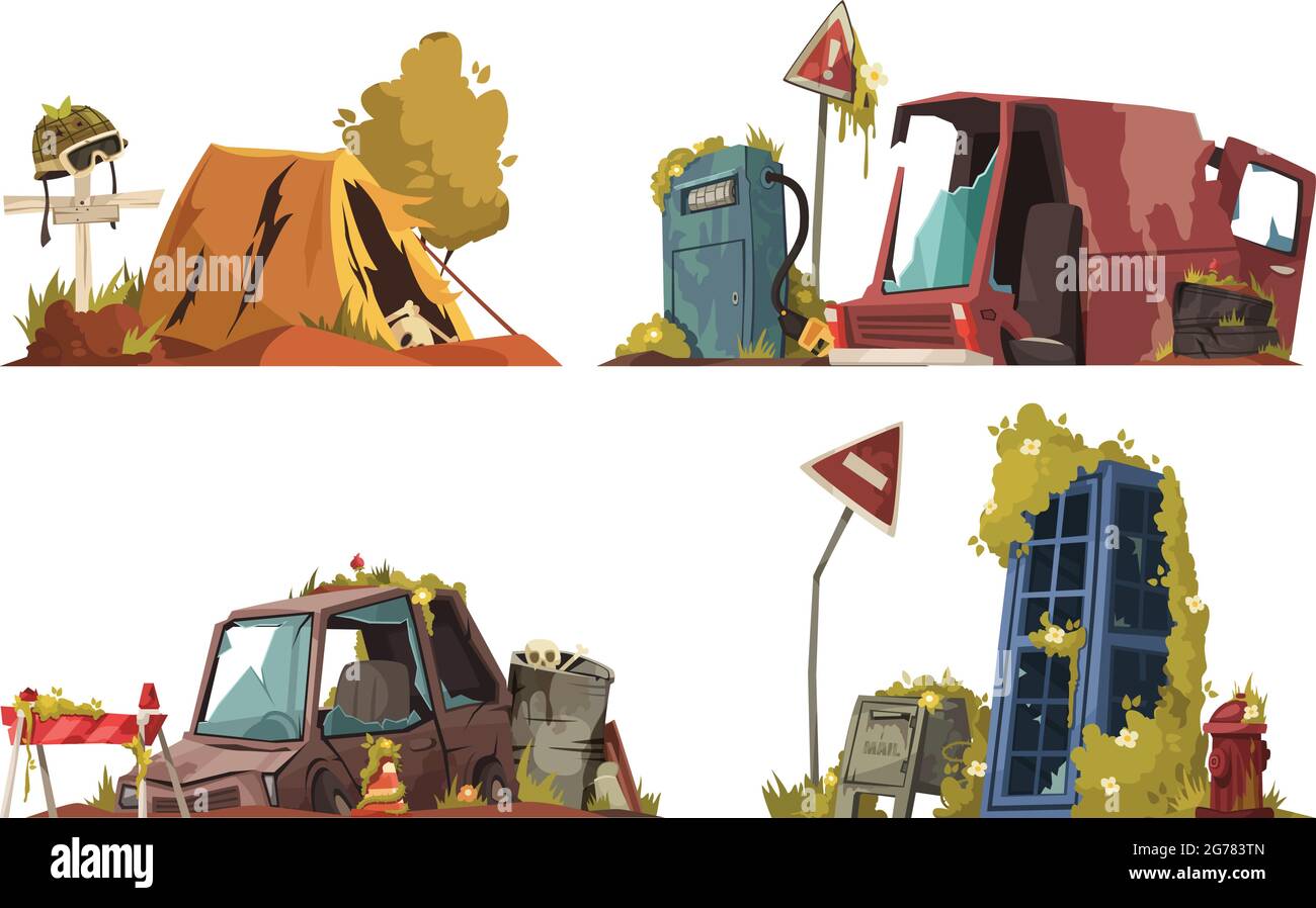 Post apocalypse 2x2 design concept set of destruction consequences ...