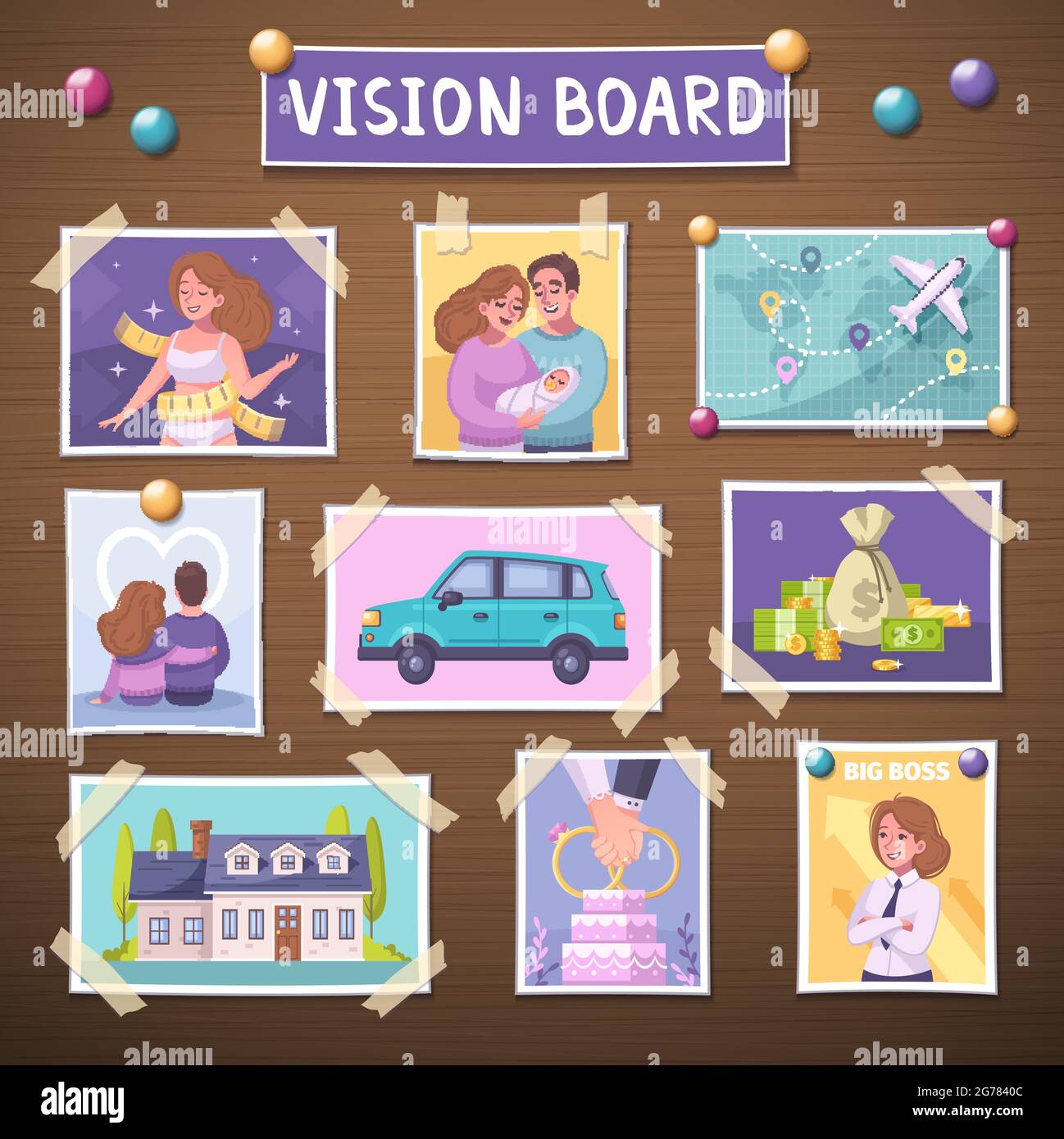 Vision board with future achievement planner symbols cartoon vector ...
