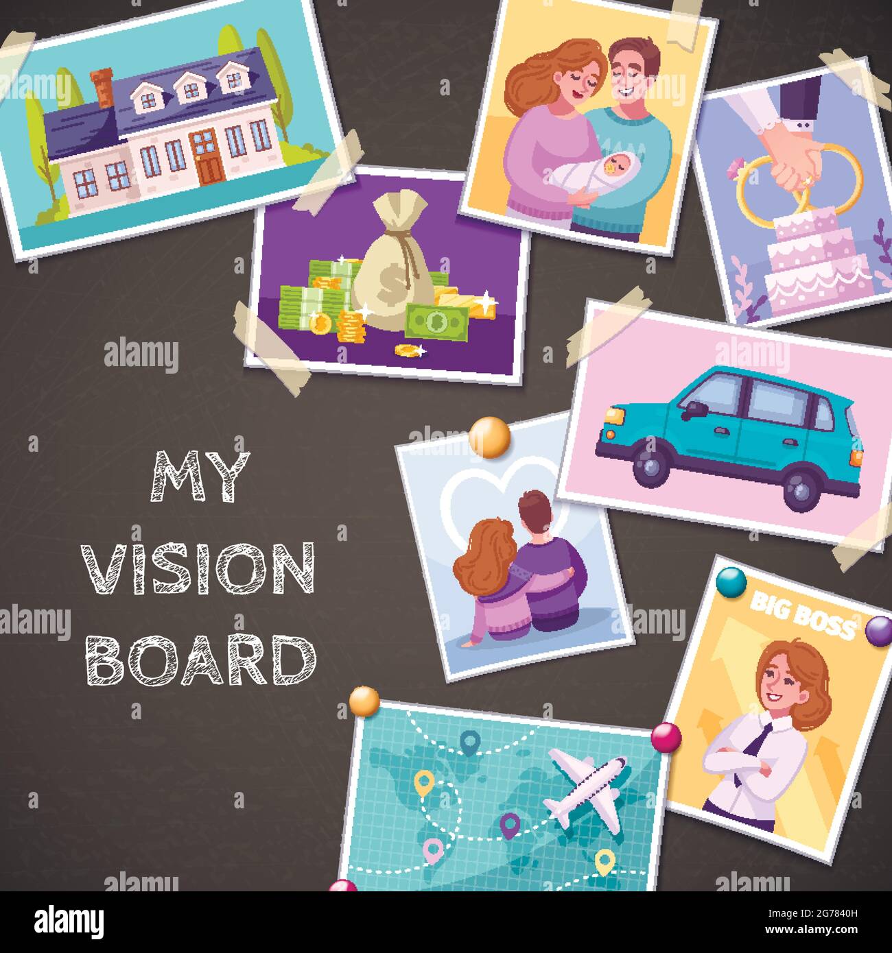 Vision board cartoon composition with car and house symbols vector ...
