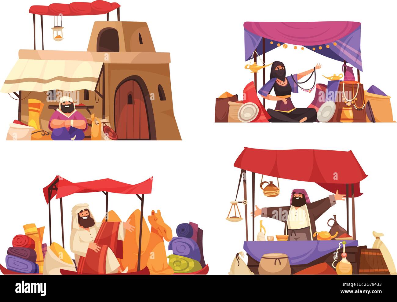 Outdoors oriental bazaar 2x2 cartoon compositions with islamic people ...
