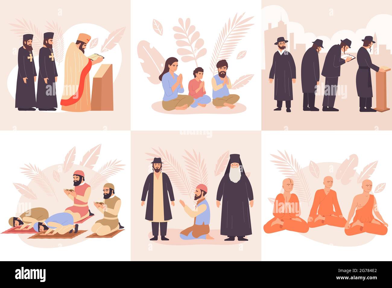 World religions composition flat icon set with praying buddhists ...