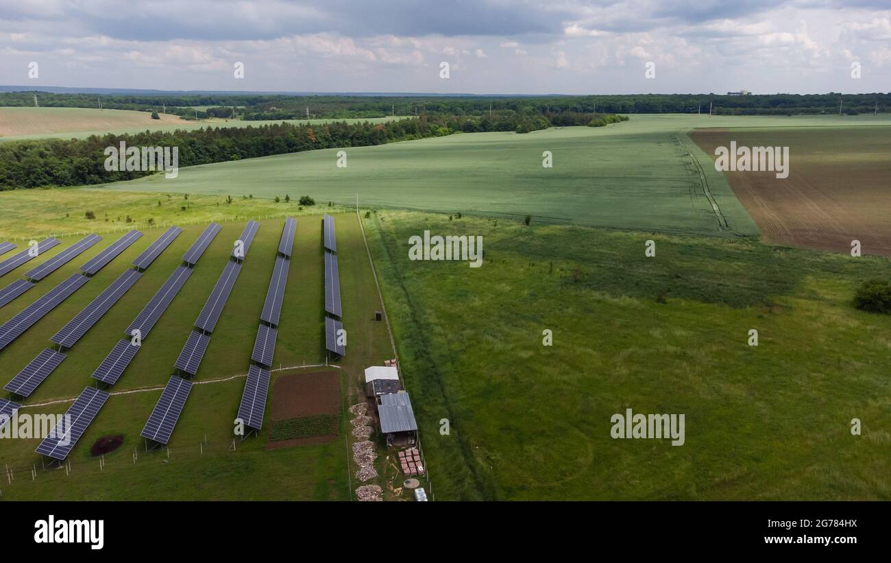Aerial view of Solar Panels Farm solar cell with sunlight. Drone flight ...
