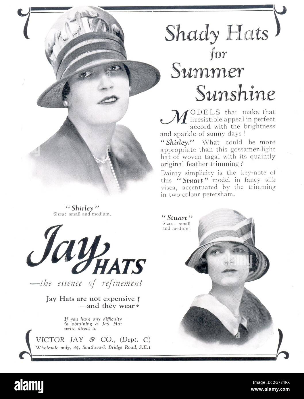 Advertisement for Jay Hats, Shady Hats for Summer Sunshine 1926 Stock ...