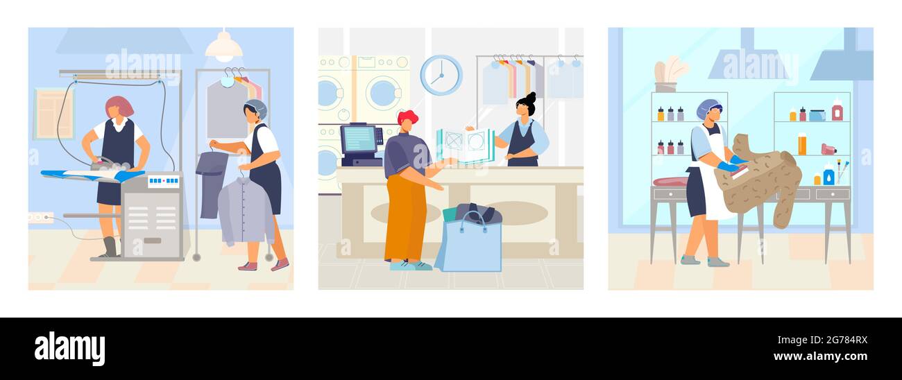 Laundry set of three square compositions with flat characters of ...