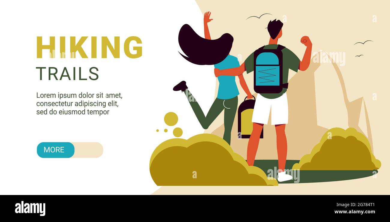 Hiking horizontal banner with embracing travelers couple outdoor ...