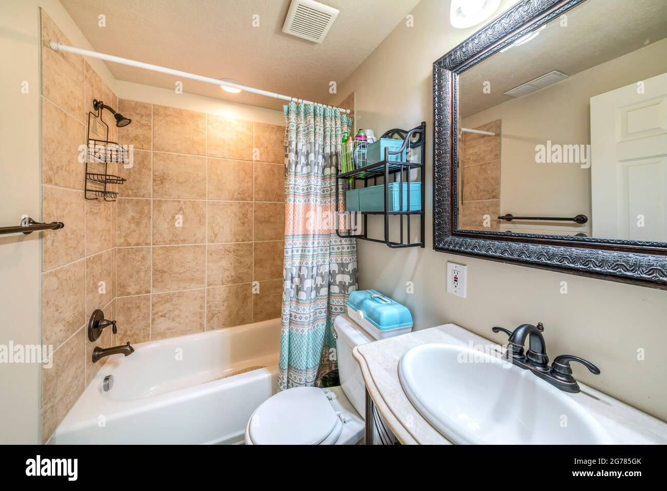 Bathroom interior with antique fixtures and ceramic tile walls Stock ...