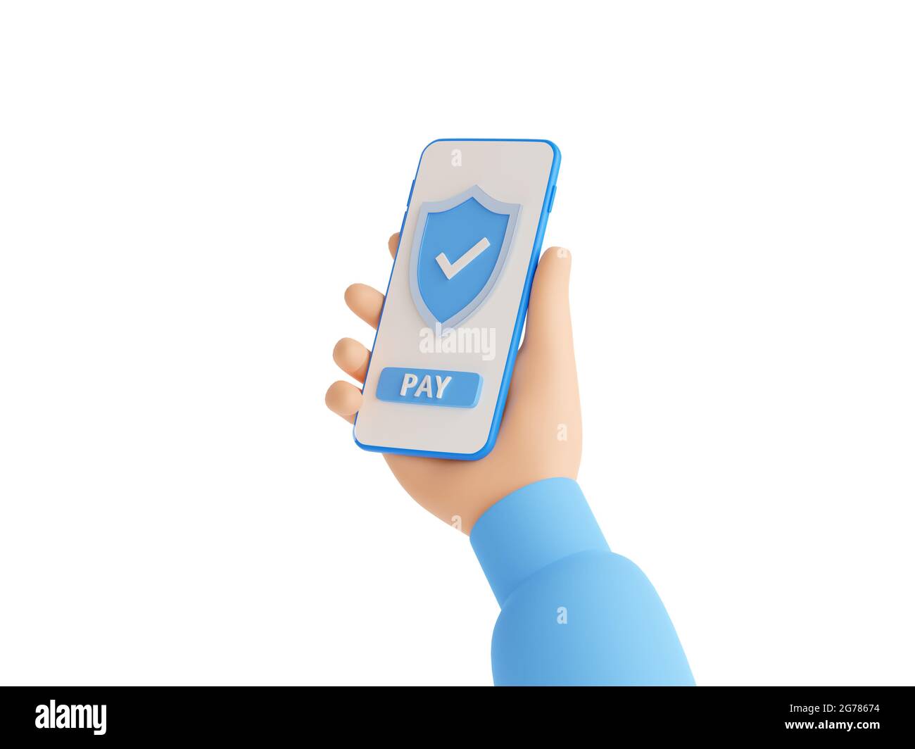 Secure online payment 3d render illustration with hand in blue sweater ...