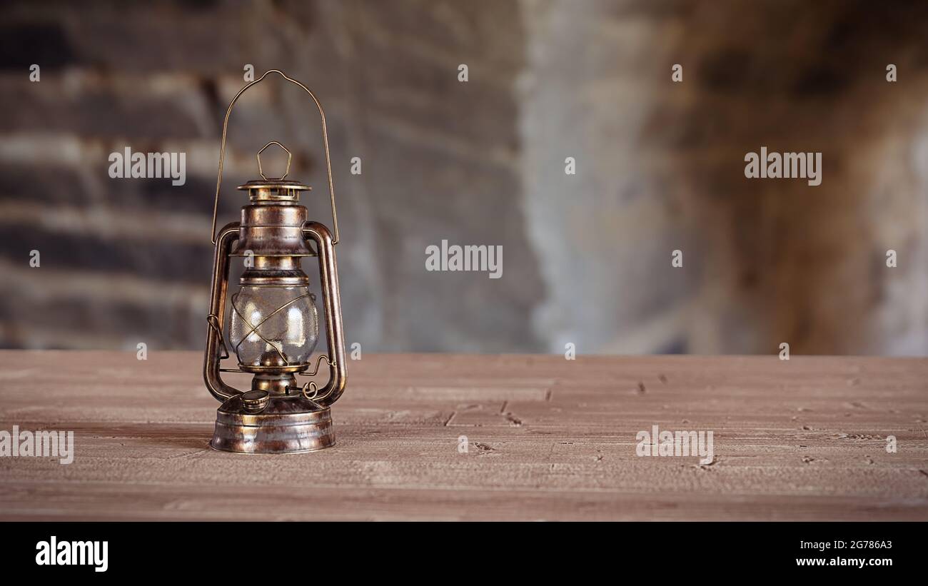 old gas lantern on wooden table with empty space Stock Photo - Alamy