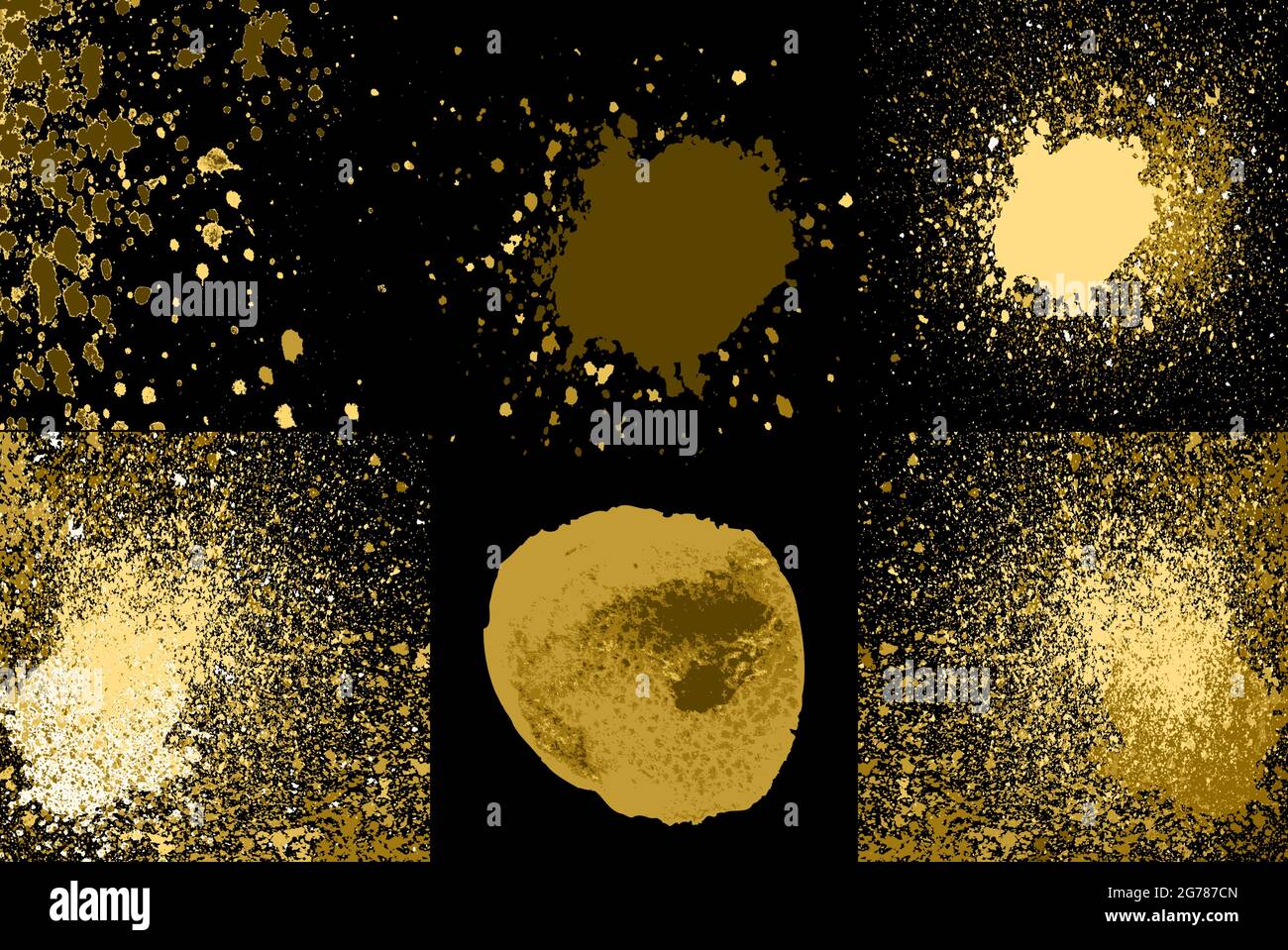 Round golden acrylic glittering paint grunge splatter isolated on black ...