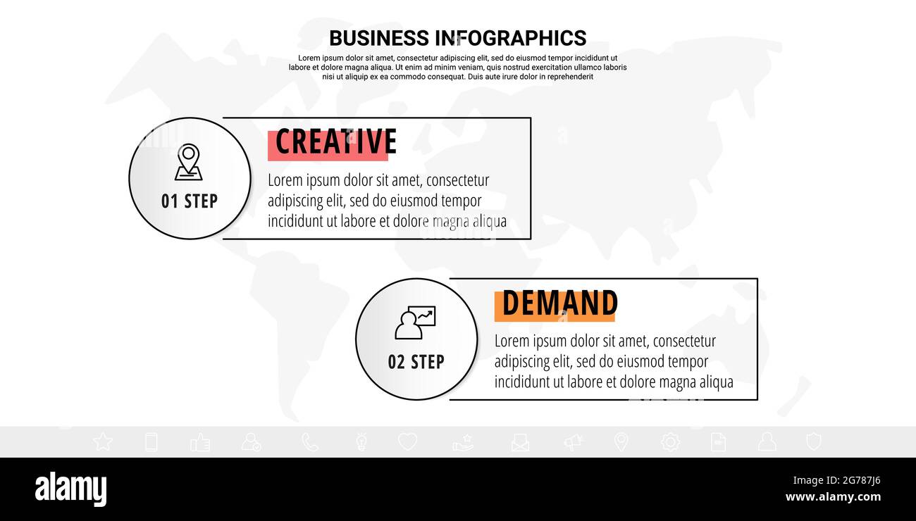 Business vector infographics with two line circles and labels. Timeline visualization with 2 ...