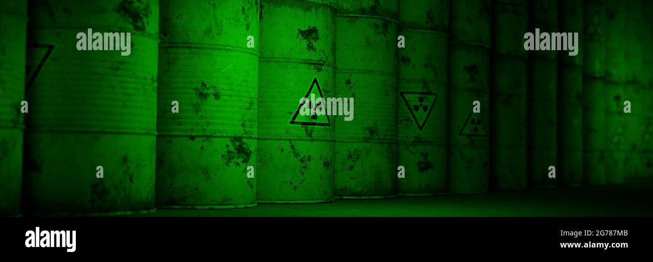 radioactive waste in rusty barrels, background banner Stock Photo - Alamy