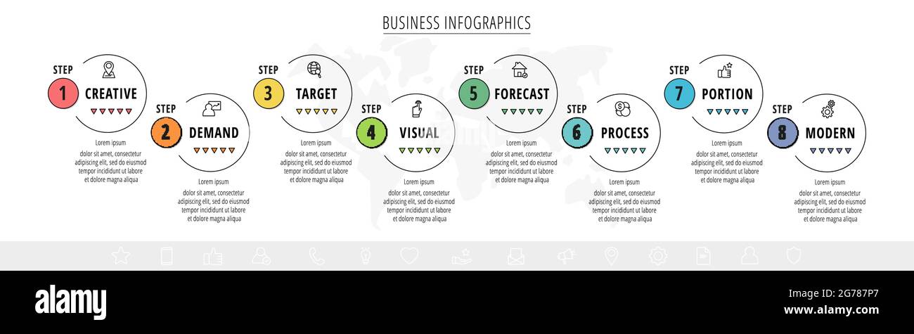Vector minimal line infographics with circles. Business concept 8 steps by step for diagram ...