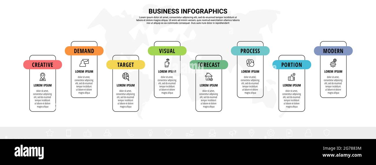 Eight line rectangular elements in horizontal row. Vector modern ...