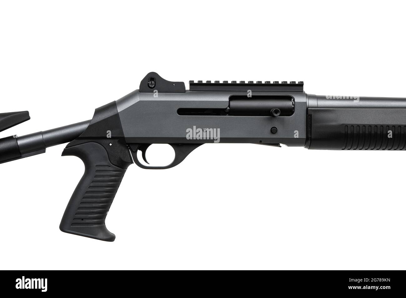 Close-up part of a modern semi-automatic shotgun. Weapons for sports and hunting. Black weapon ...