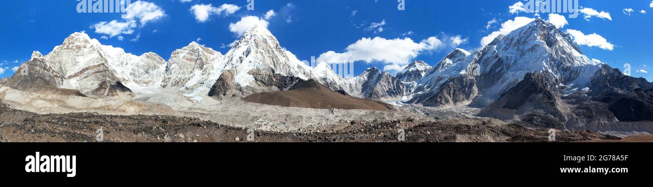 Panoramic view of Everest, Pumori, Kala Patthar and Nuptse with ...