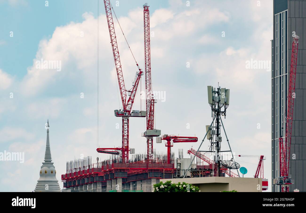 Construction site with crane. Real estate industry. Crane use reel lift ...