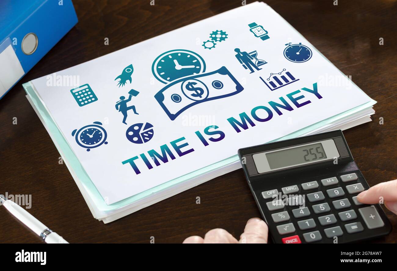 Time is money concept illustrated on a paper with a calculator Stock ...