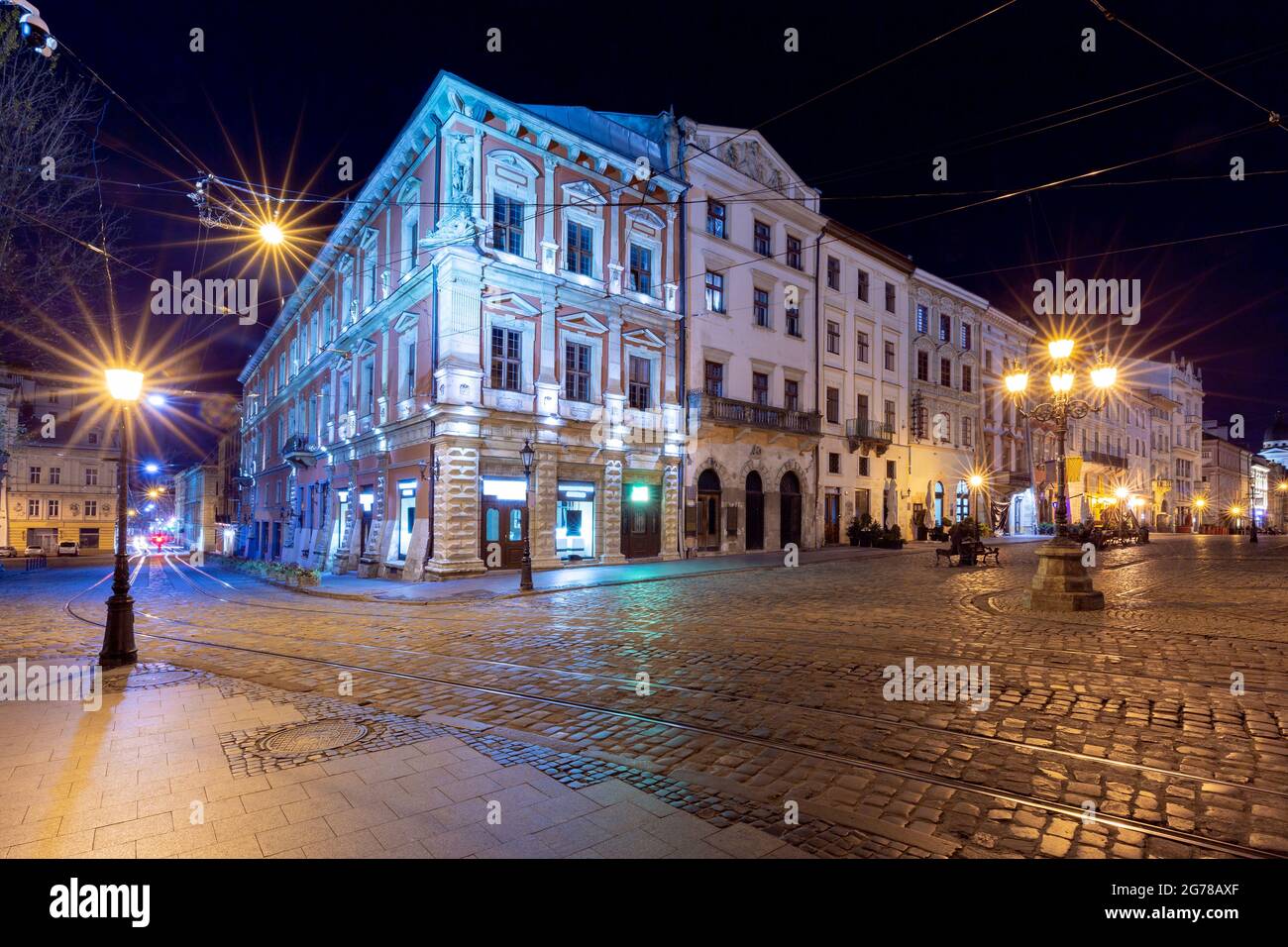 Medieval Town Hall Square in the Old Town at night. Lviv. Ukraine Stock ...